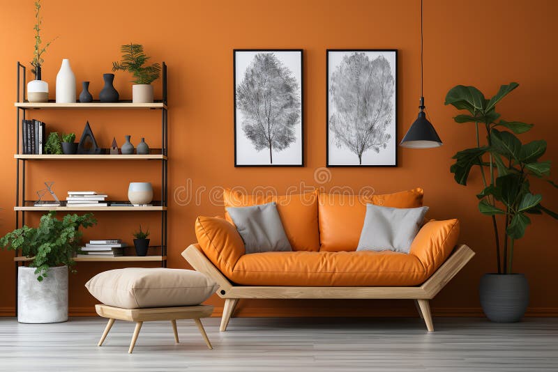 Interior of Modern Living Room with Orange Wall, 3d Render. Ia ...