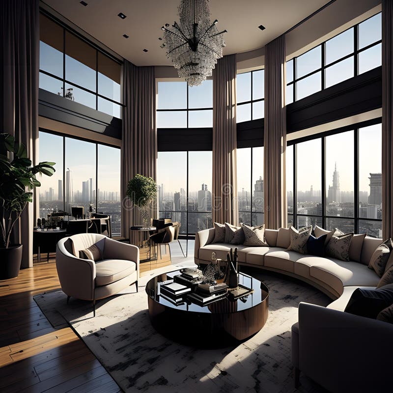 Interior of a Modern Living Room with a Panoramic City View. Generative ...