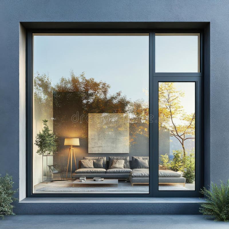 Interior of Modern Living Room with Panoramic Window. 3D Render Stock ...