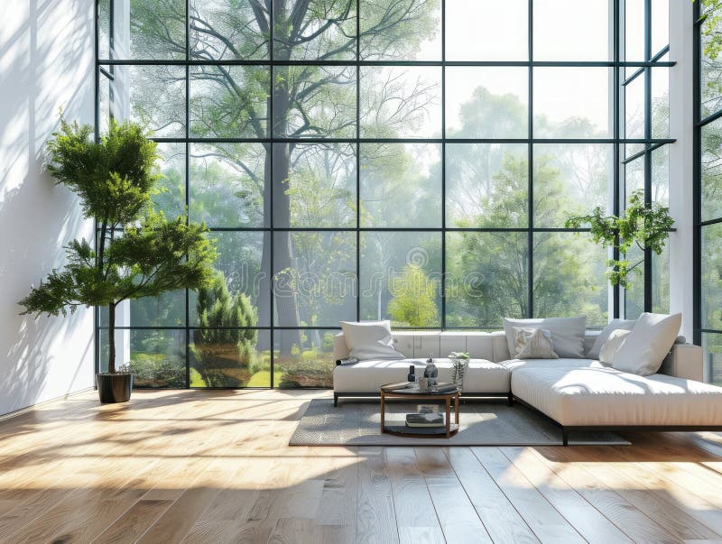 Interior of Modern Living Room with Panoramic Windows, 3d Render ...
