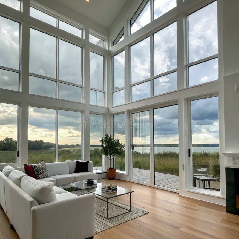 Interior of Modern Living Room with Panoramic Windows Stock ...