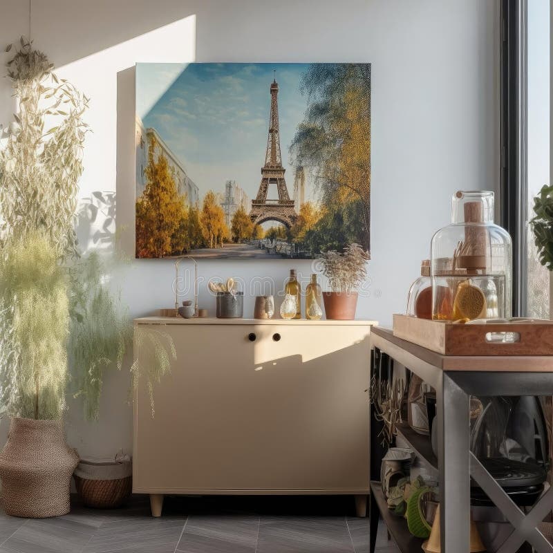 Interior of Modern Living Room with Paris Eiffel Tower on the Wall ...