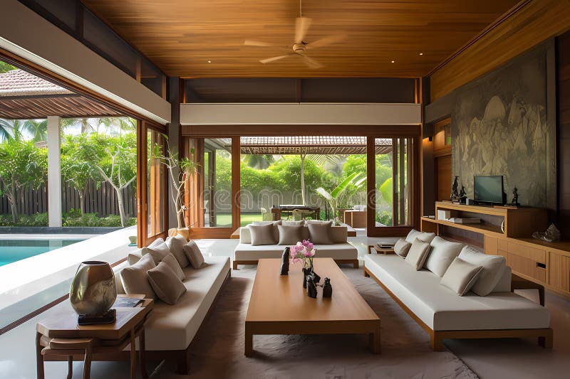Interior of a Modern Living Room in a Pool View Villa in Bali Stock ...