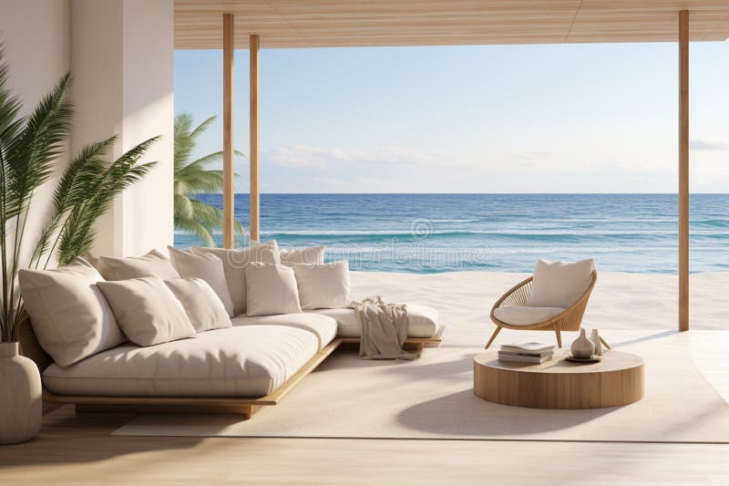 Interior of Modern Living Room with Sea View. 3d Render Stock ...