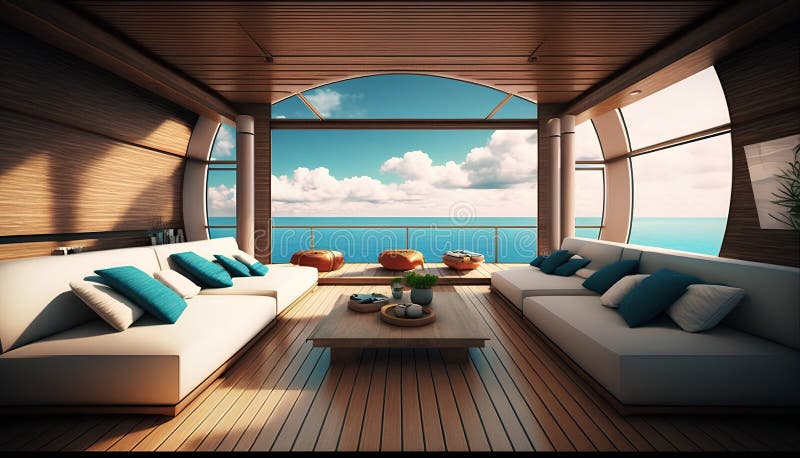 Interior of Modern Living Room with Sea View. 3D Rendering Stock ...