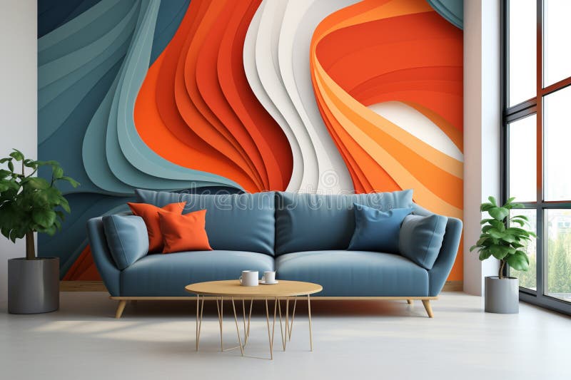 Interior of Modern Living Room with Sofa 3D Wall Design Stock ...