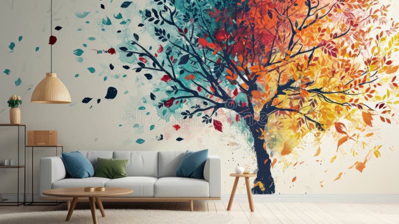 Interior of Modern Living Room with Tree and Sofa 3D Rendering ...