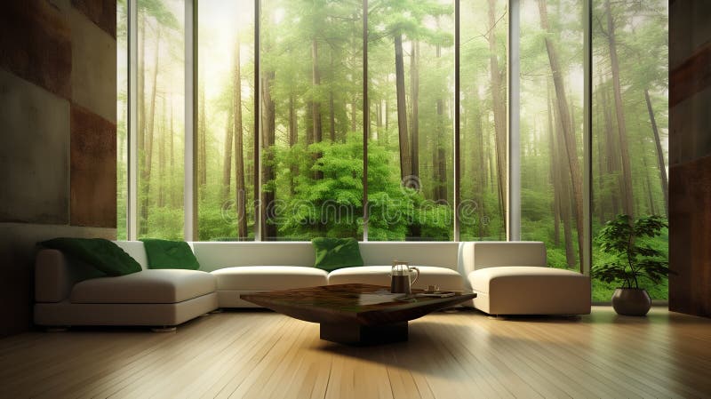 Interior of Modern Living Room with View on the Forest 3d Render Stock ...