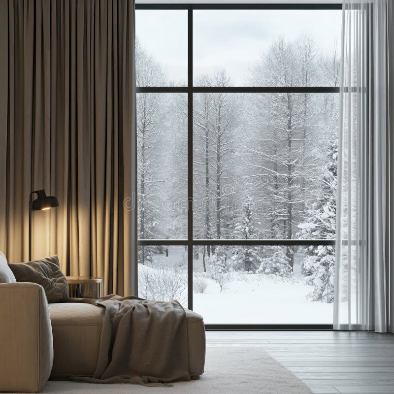 Interior of a Modern Living Room with a View of the Winter Landscape ...