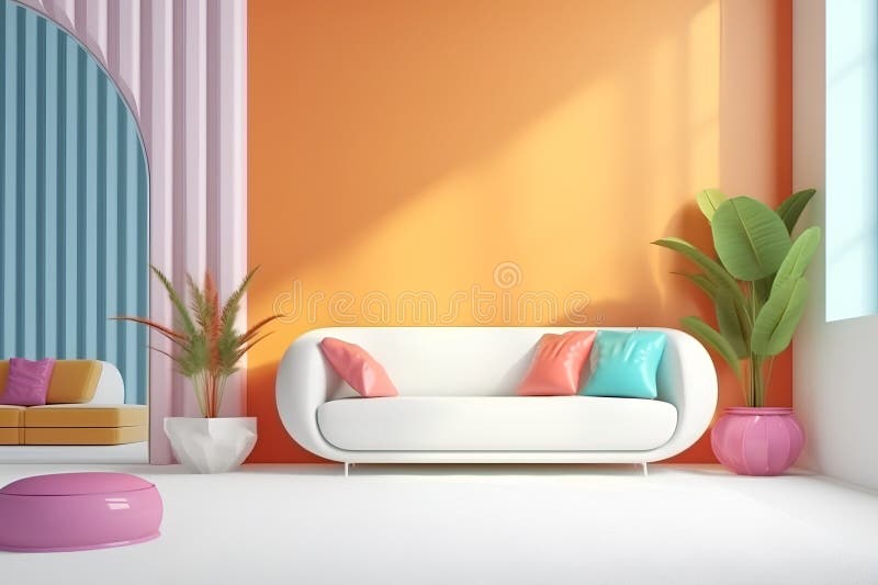 Interior of Modern Living Room with White Sofa and Pink Pillows Stock Illustration ...