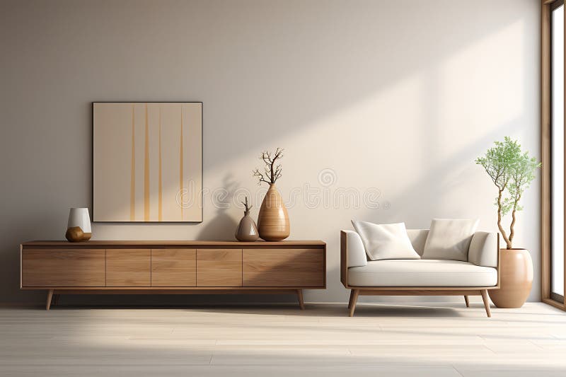 Interior of Modern Living Room with Wooden Commode and Vase Stock ...
