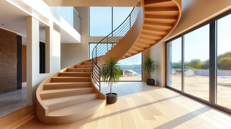 Interior of Modern Living Room with Wooden Stairs, 3d Render Stock Illustration - Illustration ...