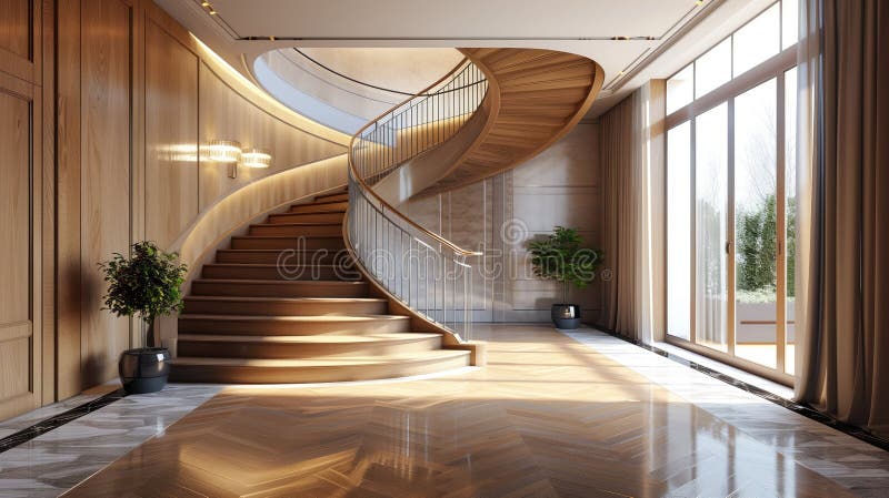 Interior of Modern Living Room with Wooden Stairs, 3d Render Stock ...