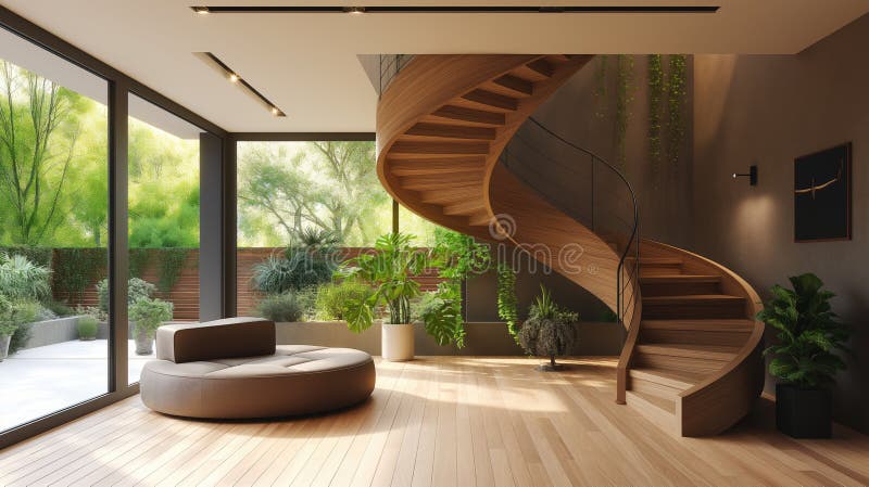 Interior of Modern Living Room with Wooden Stairs, 3d Render Stock ...