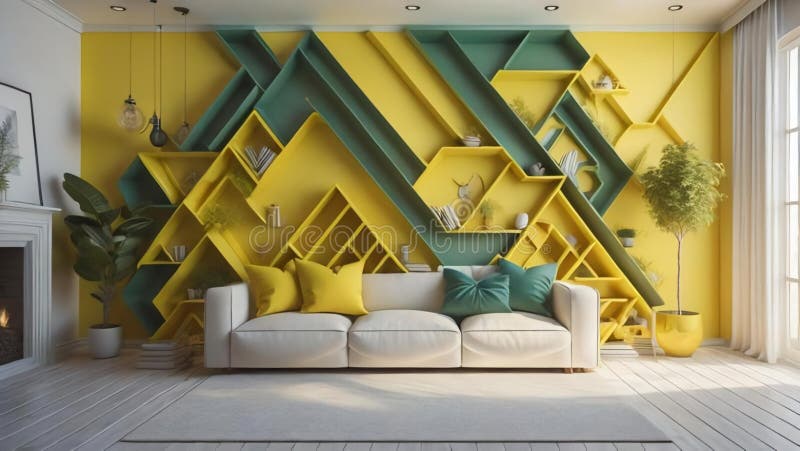 Interior of Modern Living Room with Yellow and Green Wall, Generative ...