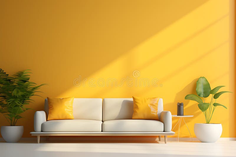 Interior of Modern Living Room with Yellow Wall, 3d Render Stock ...