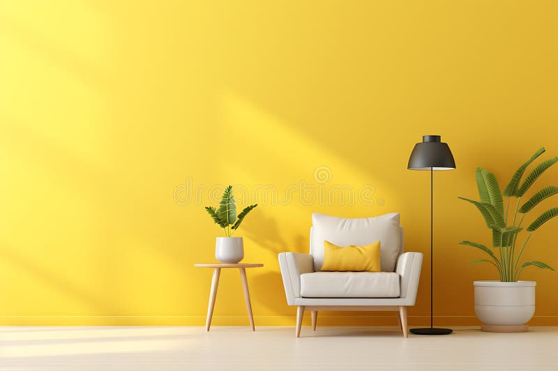 Interior of Modern Living Room with Yellow Wall, 3d Render Stock ...