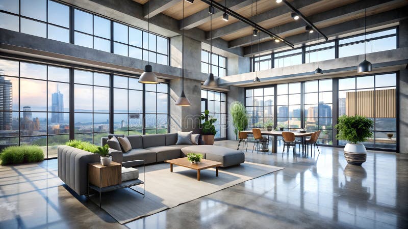 Interior of Modern Loft with Concrete Floor and Panoramic Windows Stock ...