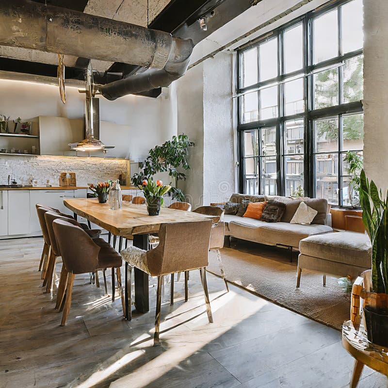 Interior of Modern Loft Style Kitchen with Brick Walls and Wooden Floor ...