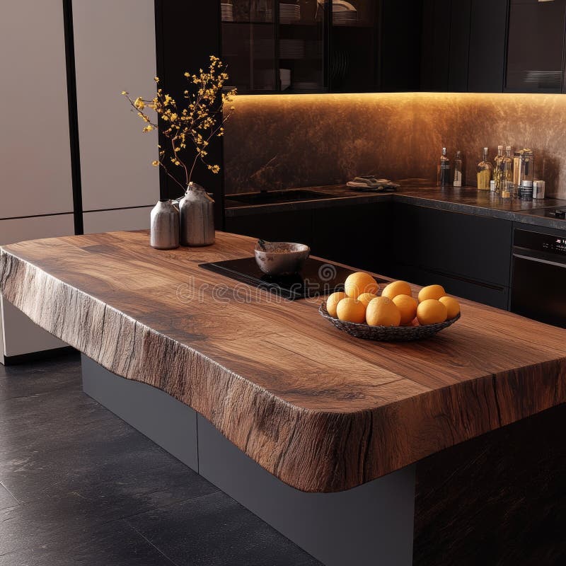 Interior of Modern Luxury Kitchen with Wooden Table and Countertop. 3d ...