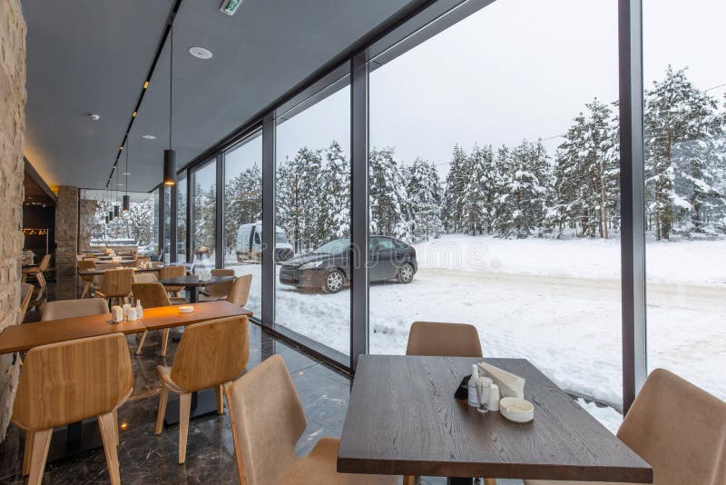 Interior of a Modern Mountain Restaurant in the Winter Stock Photo ...