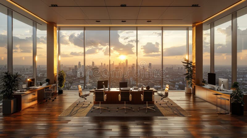 Modern Office with Panoramic City View at Sunset Stock Image - Image of ...