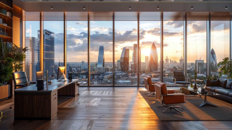 Modern Office with Panoramic City View at Sunset Stock Image - Image of ...