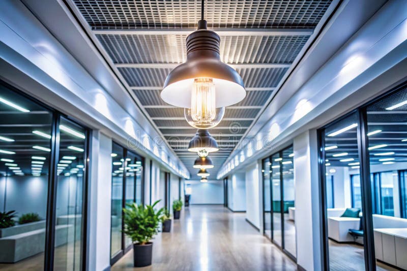 Interior of Modern Office Ceiling with LED Light Bulb on Corridor Stock ...