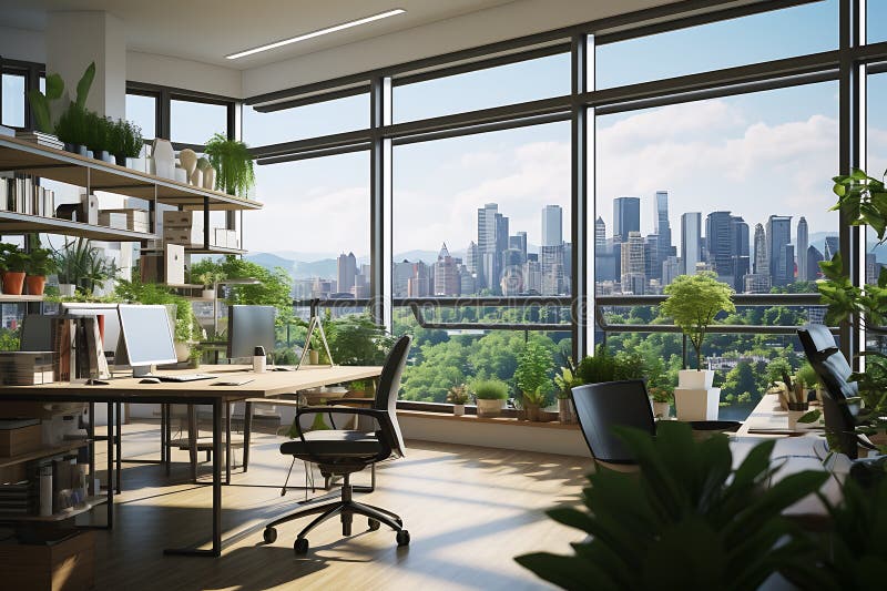 Interior of Modern Office with City View and Daylight. 3D Rendering ...