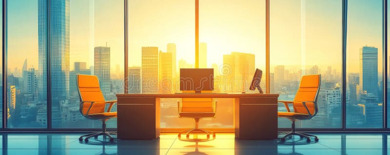 The Interior of a Modern Office, Complete with a Cityscape Panorama and ...