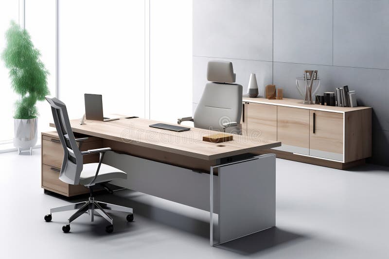 Interior of Modern Office with Computer on Desk Stock Photo - Image of ...