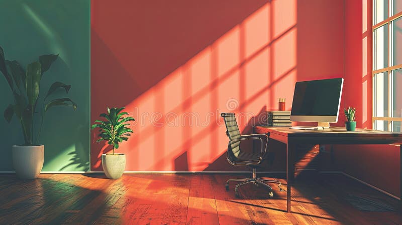 Interior of Modern Office with Computer on Desk in Peach Color with ...