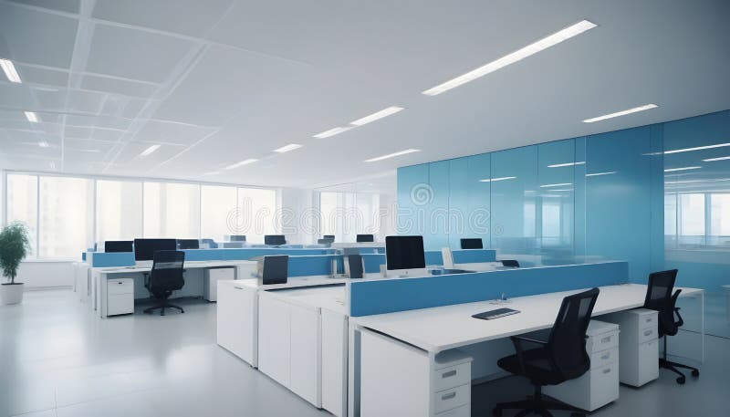 Interior of Modern Office with Computer Tables and Rows of Blue Chairs ...