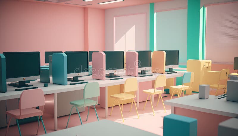 Interior of a Modern Office with Computers and Chairs. 3d Rendering ...