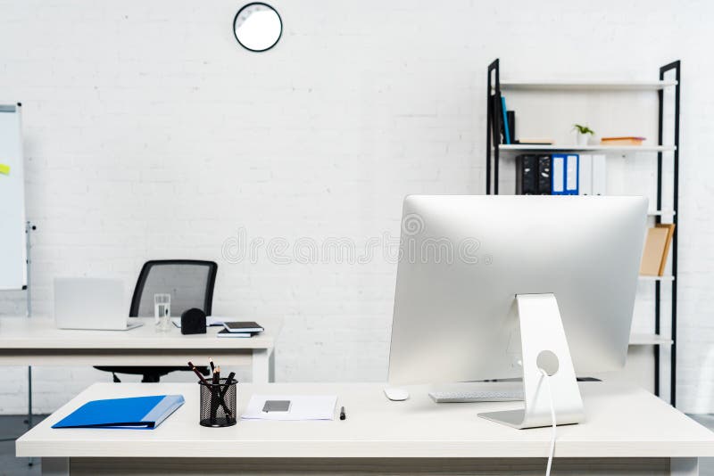 Interior of Modern Office with Computers Stock Photo - Image of laptop ...
