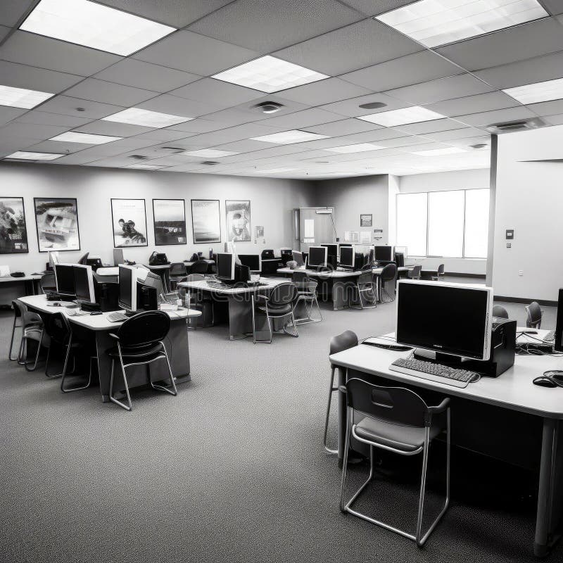 Interior of a Modern Office with Computers and Tables - Black and White ...