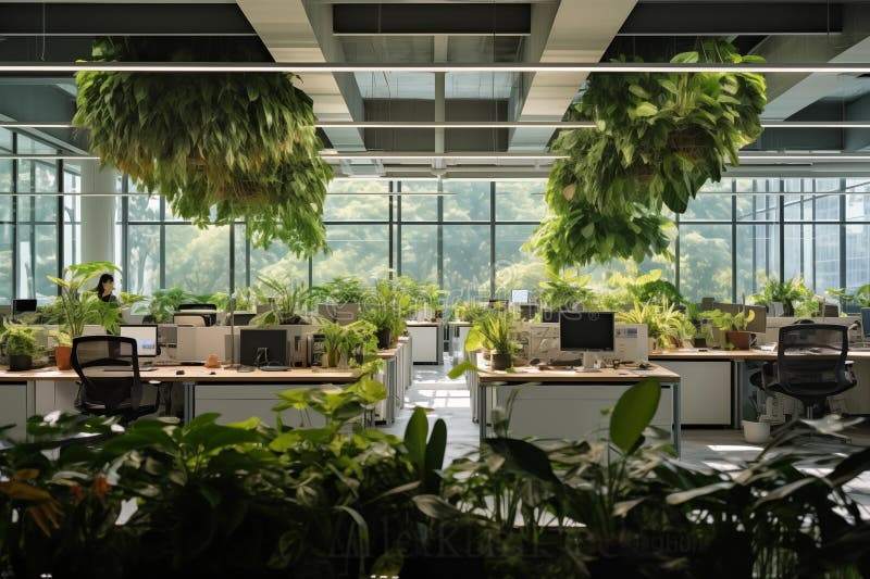 Interior of Modern Office with Green Plants and Trees. Nobody Inside ...