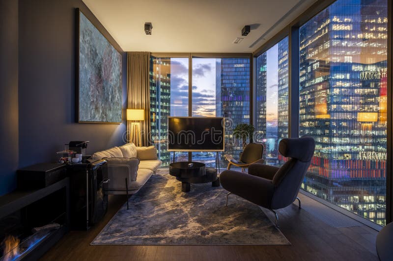 Interior of a Modern Office with Large Panoramic Windows and Fireplace ...