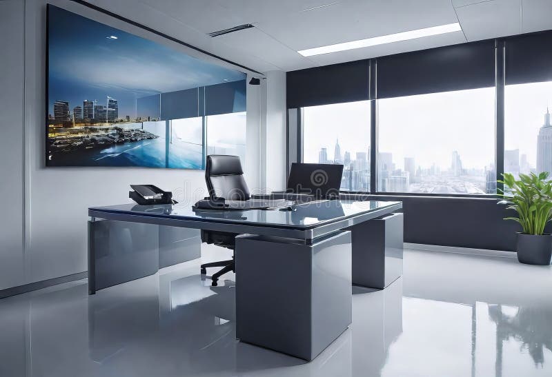 Interior of a Modern Office with Large Windows and Office Computer ...