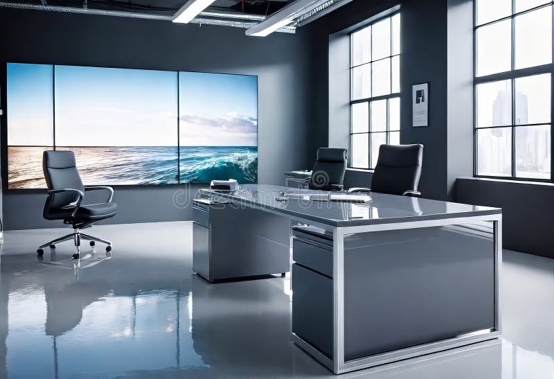 Interior of a Modern Office with Large Windows and Office Computer ...