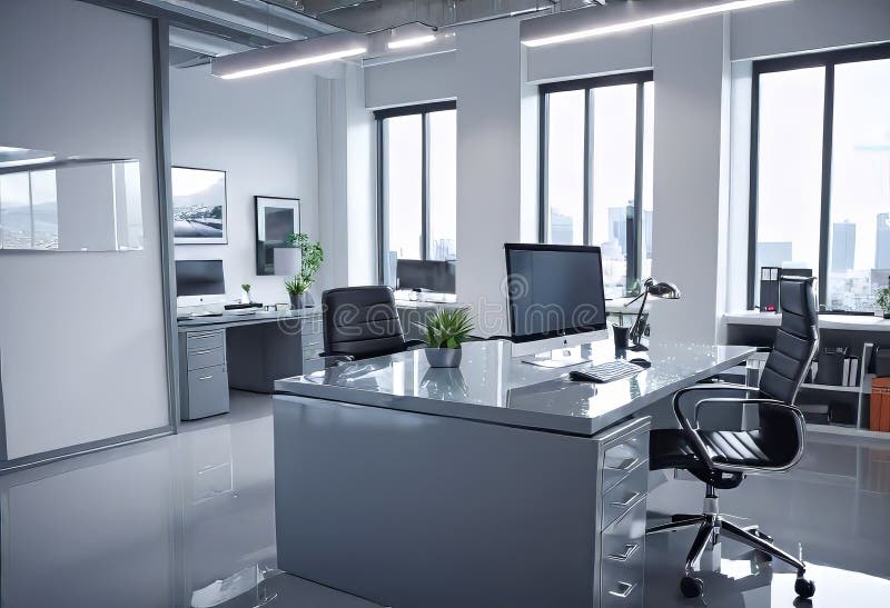 Interior of a Modern Office with Large Windows and Office Computer ...