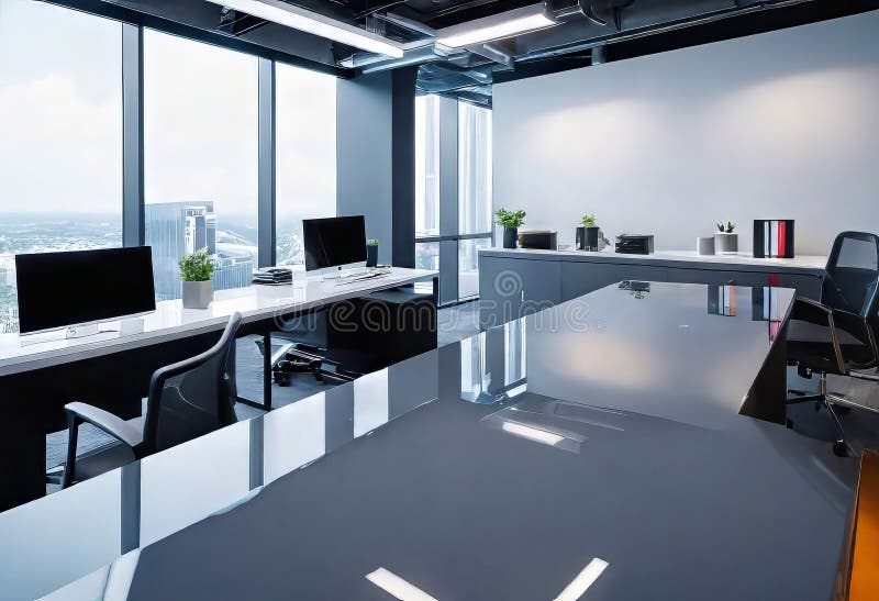 Interior of a Modern Office with Large Windows and Office Computer ...
