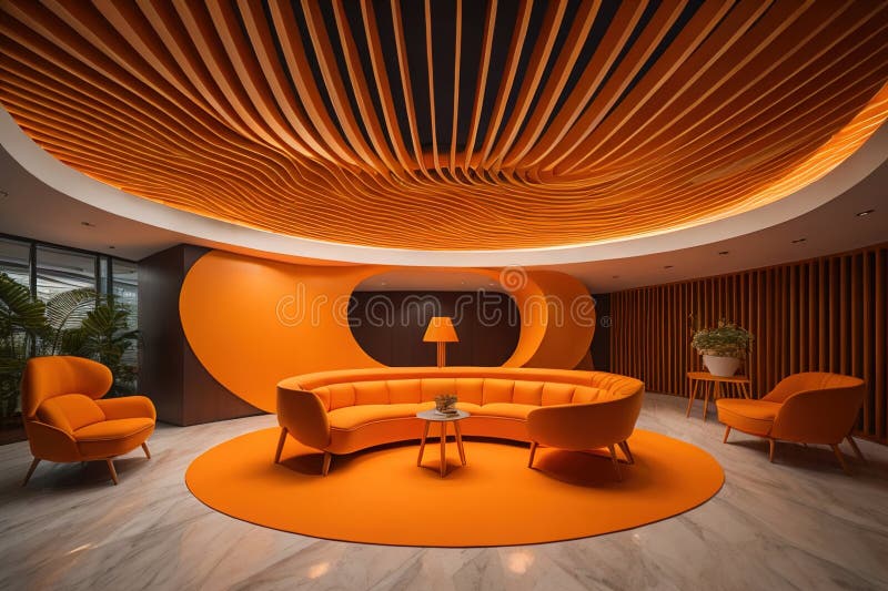 Interior of a Modern Office with Orange Reception Desk and Orange ...