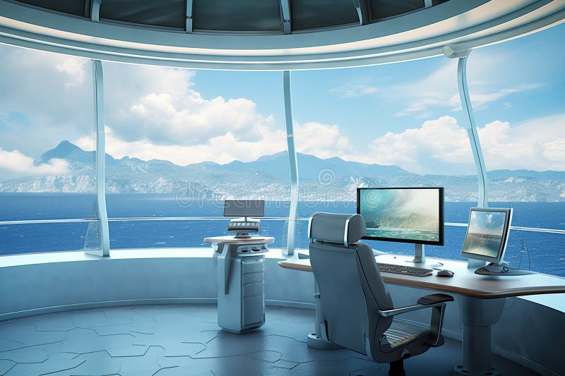 Interior of Modern Office with Panoramic View on Sea and Mountains. 3D ...