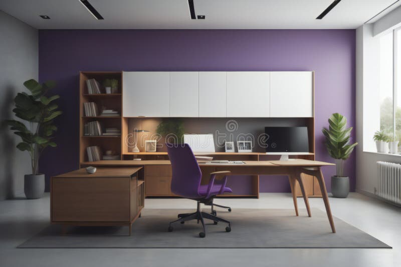 Interior of Modern Office with Purple Walls, Concrete Floor, Purple ...