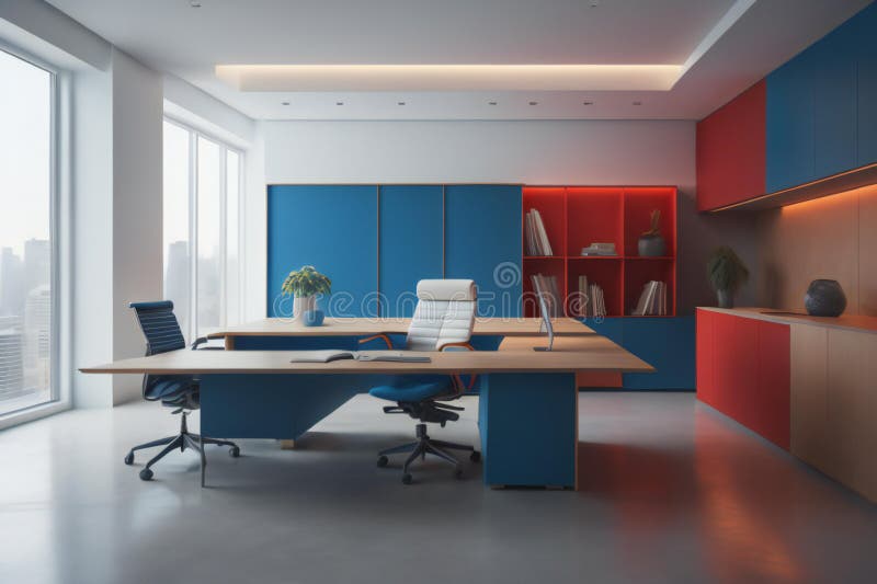 Interior of Modern Office with Red and Blue Walls, Concrete Floor, Long ...