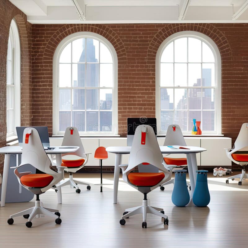 Interior of a Modern Office with Red and Orange Chairs and Computers ...