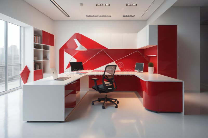 Interior of Modern Office with Red and White Walls, White Computer ...