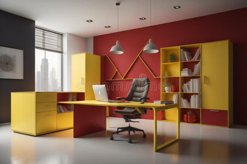 Interior of Modern Office with Red and Yellow Walls, Concrete Floor ...