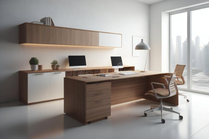 Interior of Modern Office with White Walls, Tiled Floor, Wooden ...